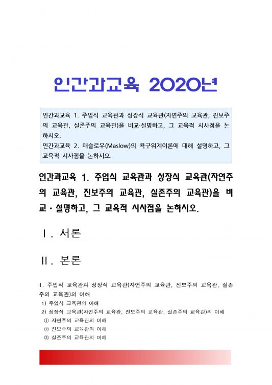 인간과교육 1. 주입식 교육관과 성장식 교육관(자연주의 교육관, 진보주의 교육관, 실존주의 교육관) 교육적 시사점 2. 매슬로우의 욕구위계이론 교육적 시사점