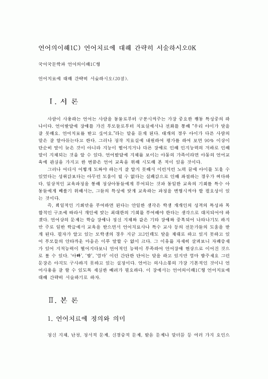 언어의이해1C) 언어치료에 대해 간략히 서술하시오0K