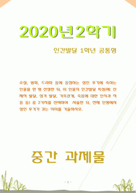 [2020 인간발달1공통] [행복한장의사 영화선정] 소설, 영화, 드라마 등에 등장하는 성인 후기에 속하는 인물을 한 명 선정한 뒤, 이 인물의 인간발달 특성(예: 신체적 발달, 성격 발달, 가족관계, 죽음에 대한 인식과 적응 등) 중 2가지를 선택하여  서술한 뒤, 전체 인생에서 성인 후기가 갖는 의미를 기술하시오.
