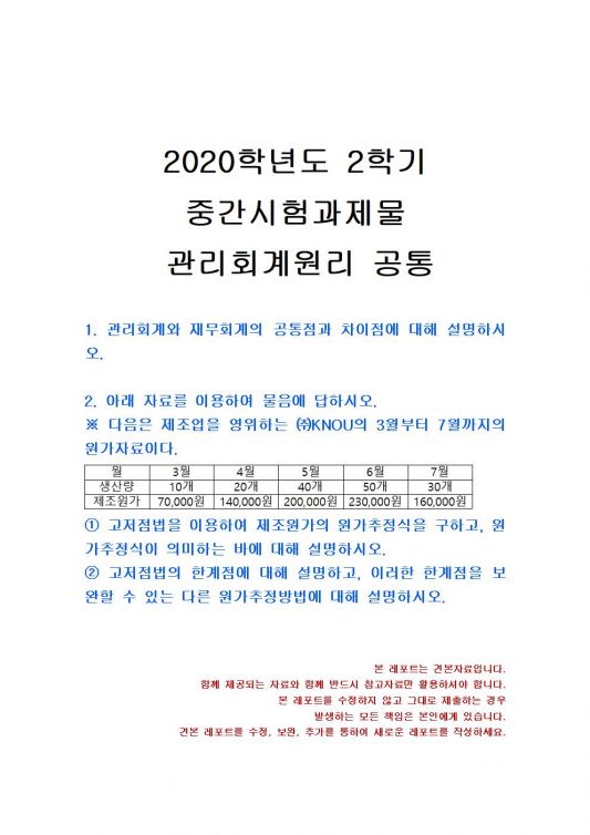 2020년 2학기 관리회계원리 중간시험과제물 공통(관리회계와 재무회계, 고저점법)