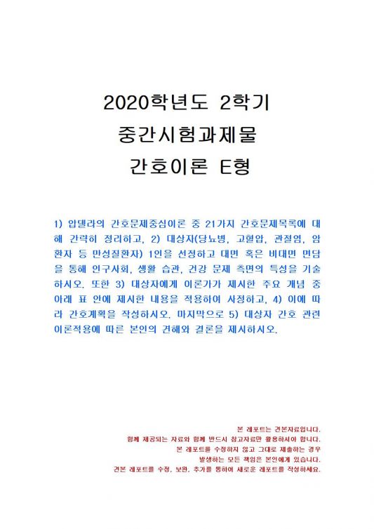 2020년 2학기 간호이론 중간시험과제물 E형(압델라의 간호문제중심이론)