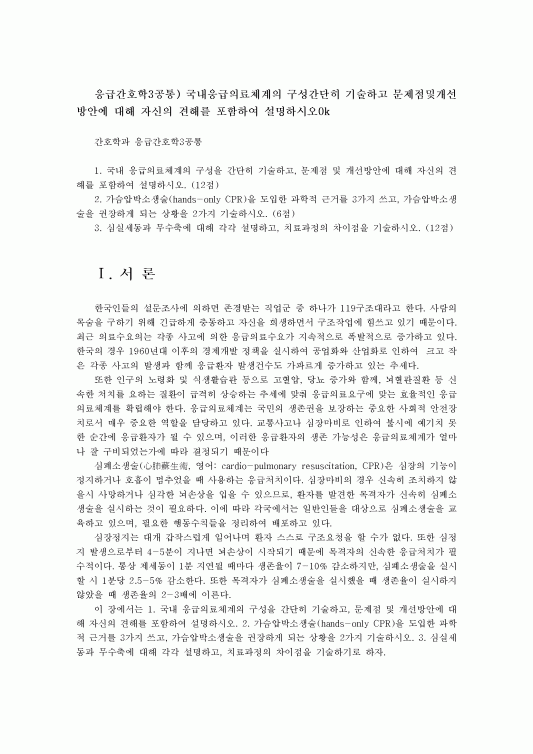 응급간호학3공통) 국내응급의료체계의 구성간단히 기술하고 문제점및개선방안에 대해 자신의 견해를 포함하여 설명하시오0k
