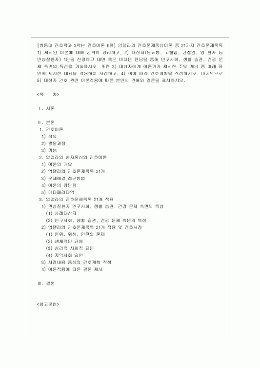 [간호학과] [방통대 간호학과 3학년 간호이론 E형] 압델라의 간호문제중심이론 중 21가지 간호문제목록