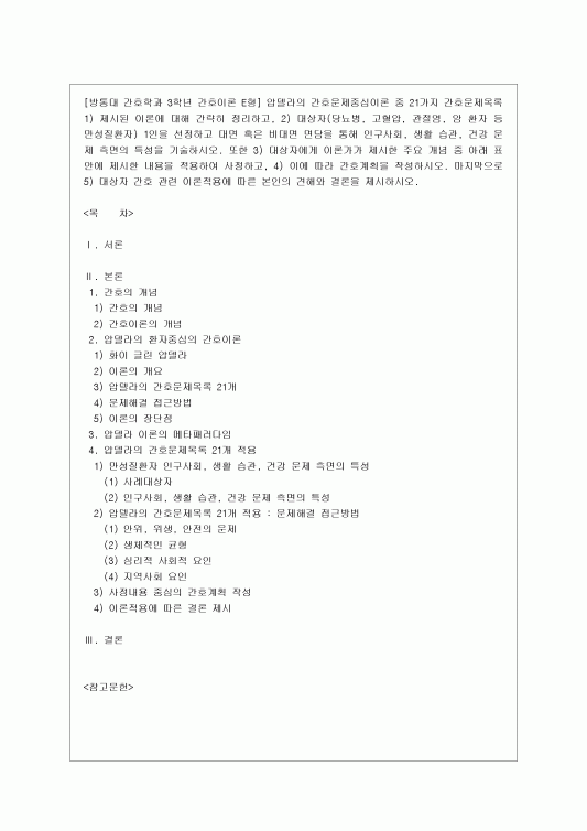 [방통대 간호학과 3학년 간호이론 E형] 압델라의 간호문제중심이론 중 21가지 간호문제목록