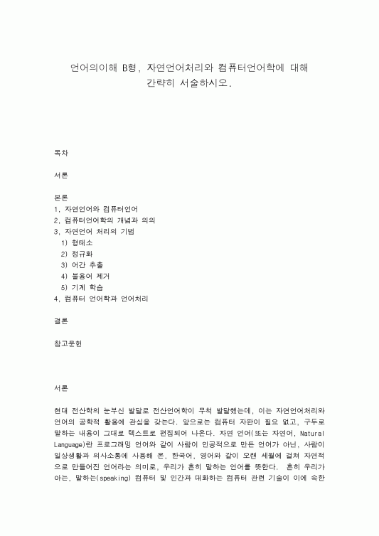 언어의이해 B형, 자연언어처리와 컴퓨터언어학에 대해 간략히 서술하시오.