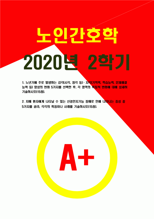 노인간호학 2020 1. 노년기에 주로 발생하는 감각 지각양상의 변화 노인간호학 2. 치매 환자에게 나타날 수 있는 신경인지기능 장애-노인간호학 노년기에 주로 발생하는 감각 지각양상 치매 환자에게 나타날 수 있는 신경인지기능 장애 노인간호학