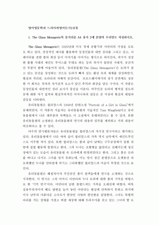 The Glass Menagerie의 줄거리를 A4 용지 2매 분량의 우리말로 작성하시오.