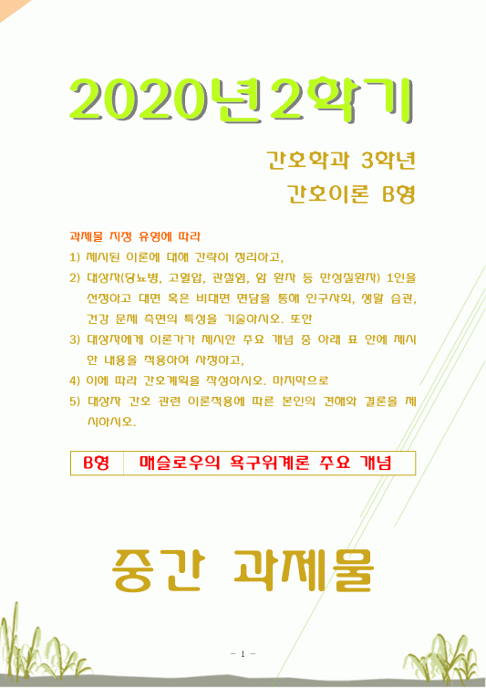 [2020 간호이론3B] 1) 제시된 이론에 대해 간략히 정리하고, 2) 대상자(당뇨병, 고혈압, 관절염, 암 환자 등 만성질환자) 1인을 선정하고 대면 혹은 비대면 면담을 통해 인구사회, 생활 습관, 건강 문제 측면의 특성을 기술하시오. 또한 3) 대상자에게 이론가가 제시한 주요 개념 중 아래 표 안에 제시한 내용을 적용하여 사정하고, 4) 이에 따라 간