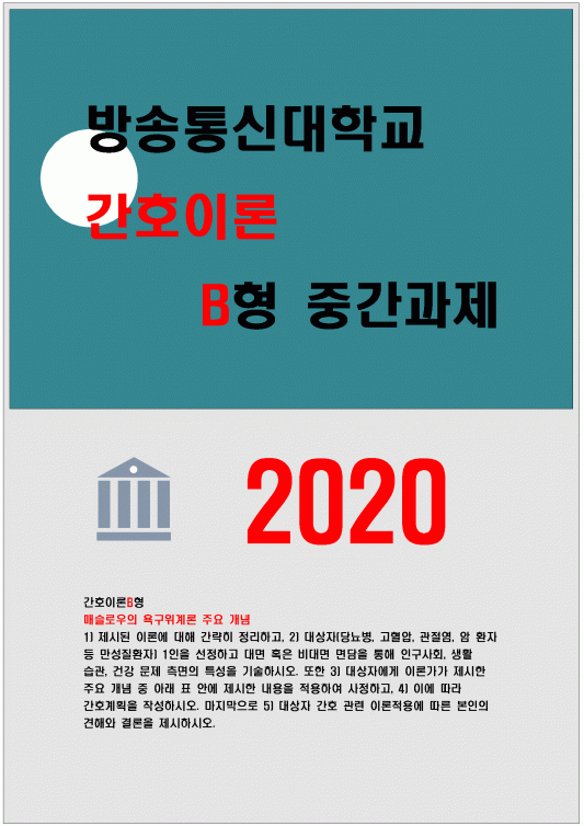 간호이론B형 2020 매슬로우의 욕구위계론 주요 개념 1) 제시된 이론에 대해 간략히 정리하고, 2) 대상자(당뇨병, 고혈압, 관절염, 암 환자 등 만성질환자) 1인을 선정하고인구사회, 생활 습관, 건강 문제 측면의 특성을 기술하시오. -간호이론B형