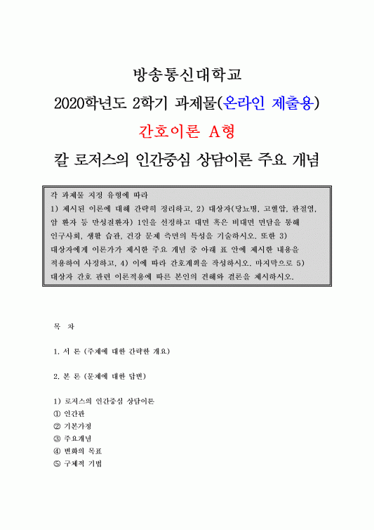 간호이론A형 (방송대 2020) 칼 로저스의 인간중심 상담이론 주요 개념 간호이론A형  1) 제시된 이론에 대해 간략히 정리하고, 2) 대상자(당뇨병, 고혈압, 관절염, 암 환자 등 만성질환자) 1인을 선정 - 간호이론A형
