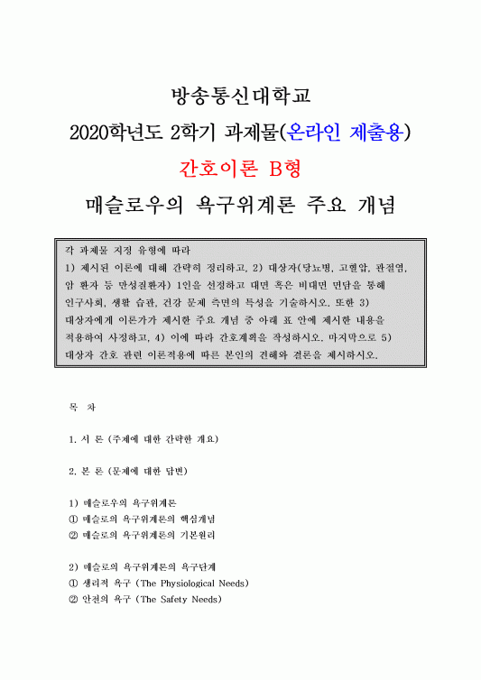 간호이론B형 (방송대 2020) 매슬로우의 욕구위계론 주요 개념 간호이론B형 1) 제시된 이론에 대해 간략히 정리하고, 2) 대상자(당뇨병 등 만성질환자) 1인을 선정하고 인구사회, 생활 습관, 건강 문제 측면의 특성을 기술 - 간호이론B형