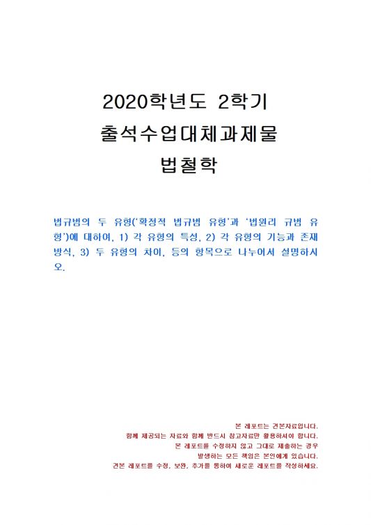 2020년 2학기 법철학 출석수업대체시험 과제물(확정적 법규범 유형, 법원리 규범 유형)