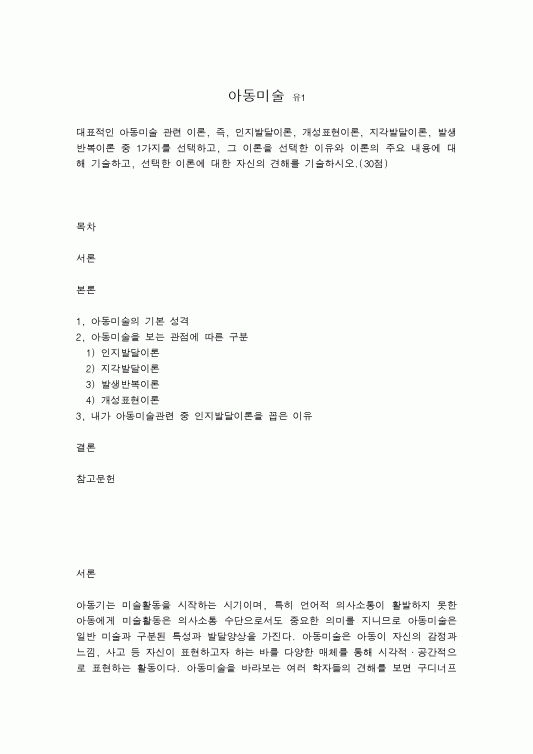 아동미술 유1  대표적인 아동미술 관련 이론, 즉, 인지발달이론, 개성표현이론, 지각발달이론, 발생반복이론 중 1가지를 선택하고, 그 이론을 선택한 이유와 이론의 주요 내용에 대해 기술하고, 선택한 이론에 대한 자신의 견해를 기술하시오.(30점)    목차  서론  본론  1, 아동미술의 기본 성격 2, 아동미술을 보는 관점에 따른 구분   1) 인지발달이