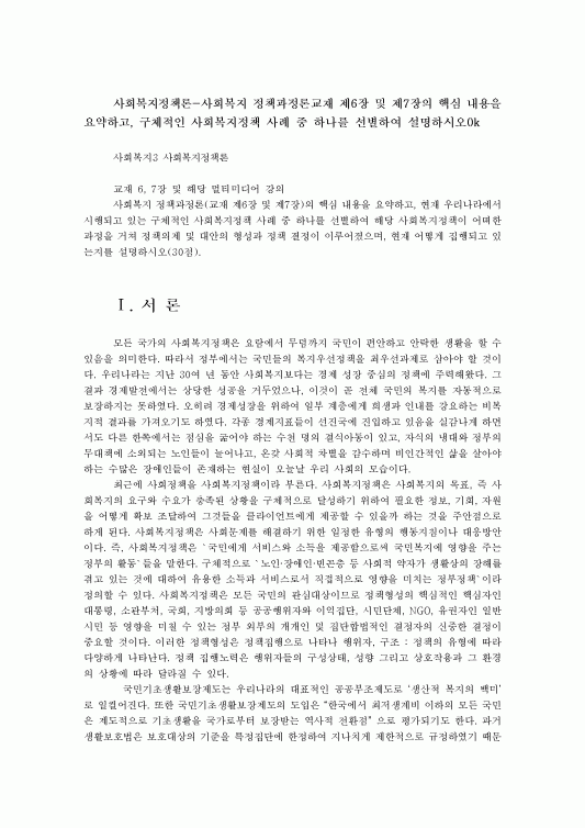 사회복지정책론-사회복지 정책과정론교재 제6장 및 제7장의 핵심 내용을 요약하고, 구체적인 사회복지정책 사례- 국민기초생활보장-중 하나를 선별하여 설명하시오0k