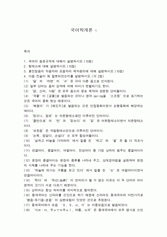 국어학개론 1    목차  1. 국어의 음운규칙에 대해서 설명하시오.(10점) 2. 형태소에 대해 설명하시오.(10점) 3. 훈민정음의 자음자와 모음자의 제자원리에 대해 설명하시오.(10점) 4. 다음 진술이 왜 잘못되었는지를 설명하시오.(각 2점) (1) ‘달’과 ‘라면’의 ‘ㄹ’은 각각 다른 음소로 인식된다. (2) 일부 단어는 음의 강약에 의해 의미가