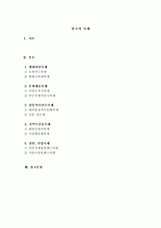 국내 지역축제 분석(국내 지역축제를 특성에 따라 생태자연축제, 문화예술축제, 전통역사민속축제, 지역특산물축제, 경연·산업축제)