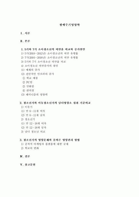 1. 2018 국민건강통계를 참고하여 2016-2018년 우리나라 소아청소년의 비만 유병률을 2010~2013년 조사 결과와 비교하여 설명하시오.  2. 2015년 한국인 영양소 섭취기준을 참고하여 청소년기의 영양소 섭취 기준을 아동기의 영양소 섭취기준과 비교하여 서술하시오