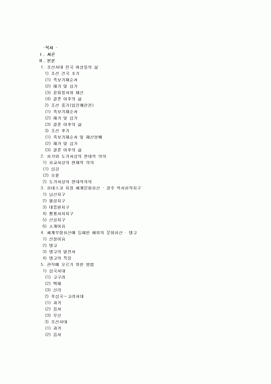 방송통신대학교/한국의 전통문화 1. 조선시대 한국 여성들의 삶에 대해 조사해보자. 2. 유가와 도가 사상의 현대적 의의에 대해 생각해보자. 3. 유네스코가 지정한 세계문화유산중에 가장 자랑스럽게 생각하는 유산에 관해 설명해보자. 4. 세계무형유산에 등재된 해외의 문화유산에 관해 조사해보자. 5. 관직에 오르기위한 방법에 관해 설명하시오.