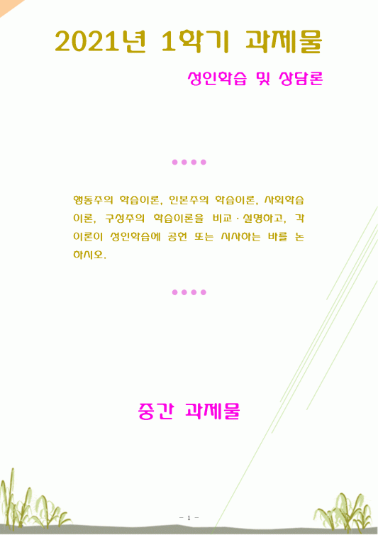 [2021 성인학습및상담론][출처표기] 행동주의 학습이론, 인본주의 학습이론, 사회학습이론, 구성주의 학습이론을 비교·설명하고, 각 이론이 성인학습에 공헌 또는 시사하는 바를 논하시오.