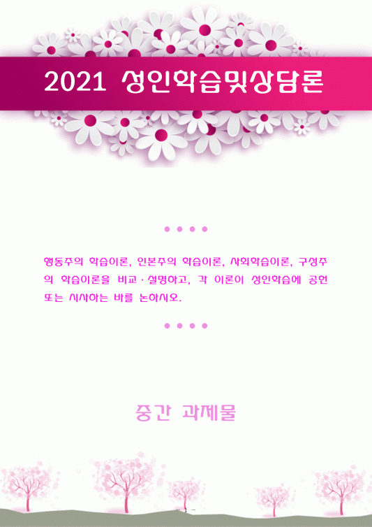 [2021 성인학습및상담론3공통][출처표기] 행동주의 학습이론, 인본주의 학습이론, 사회학습이론, 구성주의 학습이론을 비교·설명하고, 각 이론이 성인학습에 공헌 또는 시사하는 바를 논하시오.