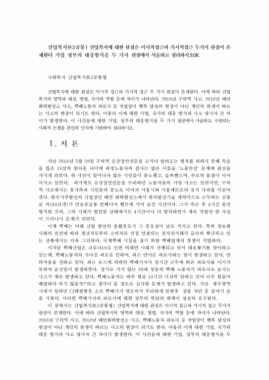 산업복지론3공통) 산업복지에 대한 관점은 미시적접근과 거시적접근 두가지 관점이 존재한다 기업 정부의 대응방식을 두 가지 관점에서 서술하고 정리하시오0K