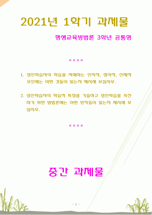 [2021 평생교육방법론][출처표기] 1.성인학습자의 학습을 저해하는 인지적, 정의적, 신체적 요인에는 어떤 것들이 있는지 제시해 보십시오. 2.성인학습자의 학습적 특징을 기술하고 성인학습을 촉진하기 위한 방법론에는 어떤 원칙들이 있는지 제시해 보십시오.