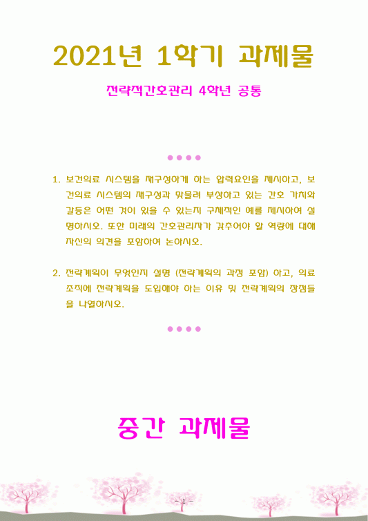 [2021 전략적간호관리][출처표기] 1.보건의료 시스템을 재구성하게 하는 압력요인을 제시하고, 보건의료 시스템의 재구성과 맞물려 부상하고 있는 간호 가치와 갈등은 어떤 것이 있을 수 있는지 구체적인 예를 제시하여 설명하시오. 또한 미래의 간호관리자가 갖추어야 할 역량에 대해 자신의 의견을 포함하여 논하시오. 2.전략계획이 무엇인지 설명 (전략계획의 과정