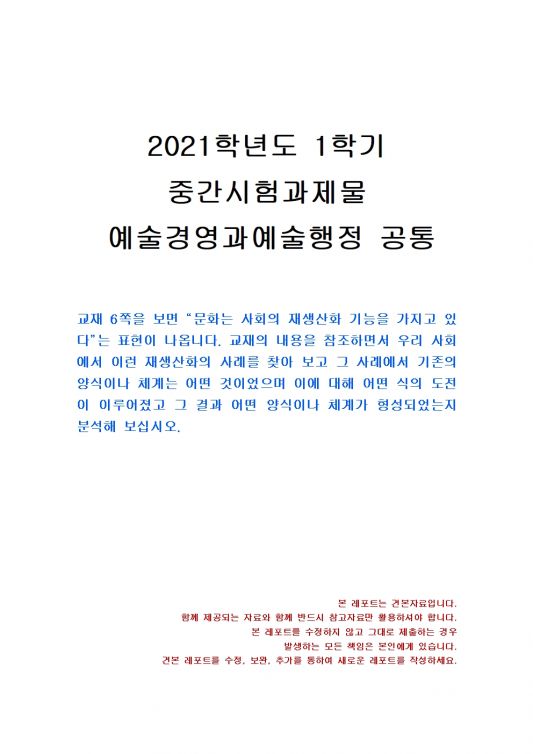 2021년 1학기 예술경영과예술행정 중간시험과제물 공통(우리 사회에서 재생산화의 사례)