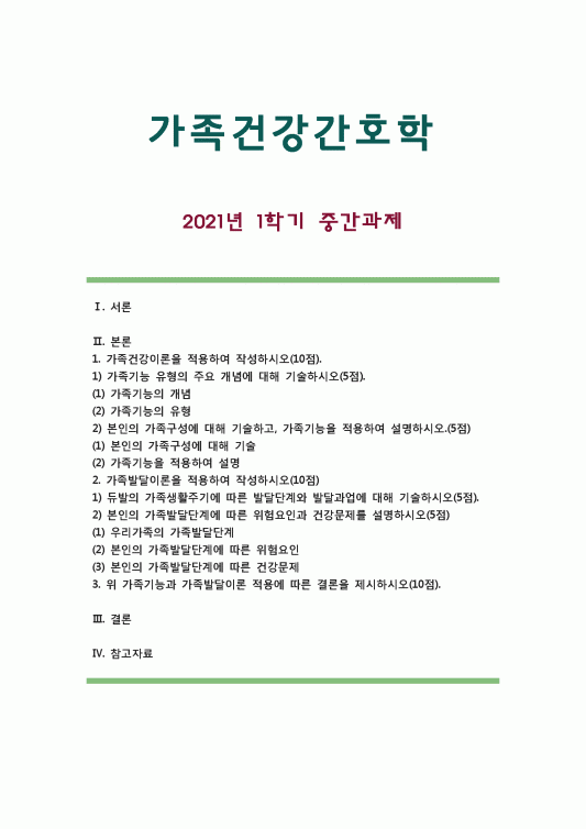 [가족건강간호학] 1. 가족건강이론 1) 가족기능 유형의 주요 개념 2) 본인의 가족구성에 대해 기술하고, 가족기능을 적용하여 설명 2. 가족발달이론 1) 듀발의 가족생활주기에 따른 발달단계와 발달과업 2) 본인의 가족발달단계에 따른 위험요인과 건강문제 3. 위 가족기능과 가족발달이론 적용에 따른 결론을 제시