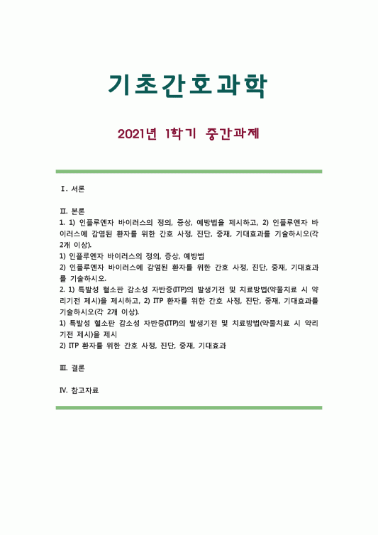 [기초간호과학 2021] 1. 1) 인플루엔자 바이러스의 정의, 증상, 예방법 2) 인플루엔자 바이러스에 감염된 환자를 위한 간호 사정, 진단, 중재, 기대효과 2. 1) 특발성 혈소판 감소성 자반증(ITP)의 발생기전 및 치료방법 2) ITP 환자를 위한 간호 사정, 진단, 중재, 기대효과
