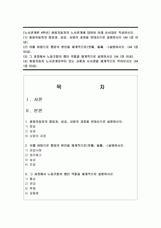[노사관계론 4학년] 쌍용자동차의 노사관계에 대하여 아래 순서대로 작성하시오.