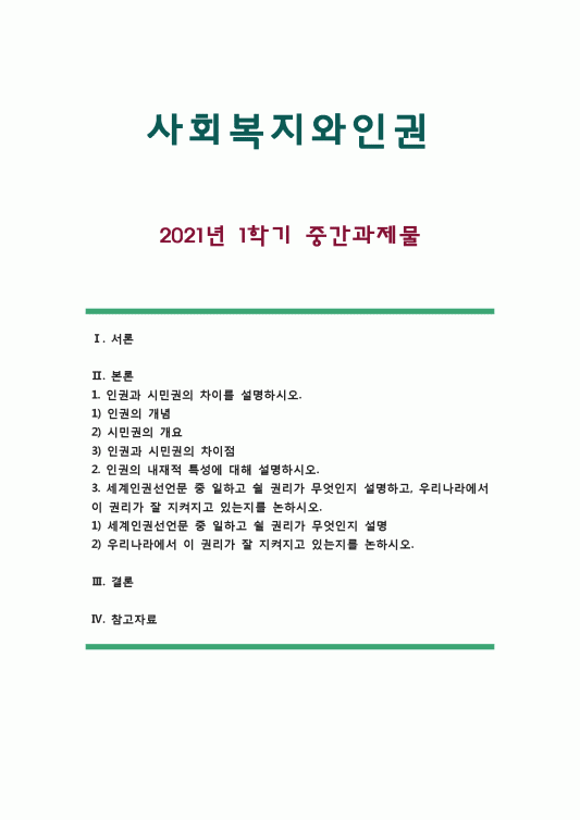 [사회복지와인권 2021] 1. 인권과 시민권의 차이를 설명하시오. 2. 인권의 내재적 특성에 대해 설명하시오. 3. 세계인권선언문 중 일하고 쉴 권리가 무엇인지 설명하고, 우리나라에서 이 권리가 잘 지켜지고 있는지를 논하시오.