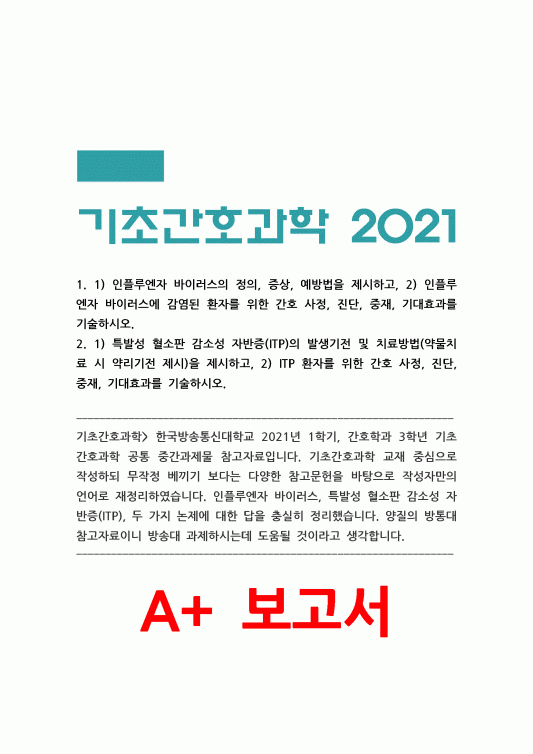 기초간호과학 2021] 인플루엔자 바이러스 간호 중재+특발성 혈소판 감소성 자반증(ITP) 간호 중재 -기초간호과학, 인플루엔자 바이러스의 정의, 증상, 예방법, ITP