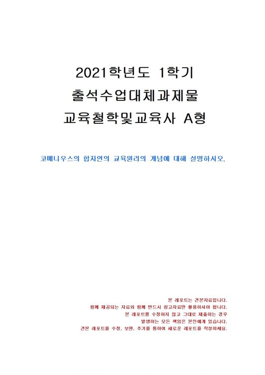 2021년 1학기 교육철학및교육사 출석수업대체시험 과제물 A형(합자연의 교육원리)