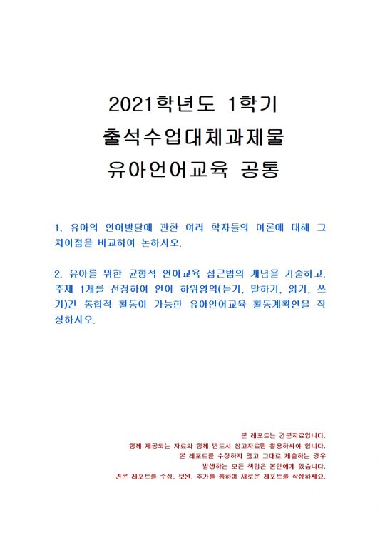 2021년 1학기 유아언어교육 출석수업대체시험 과제물(유아의 언어발달 이론 차이점 비교)