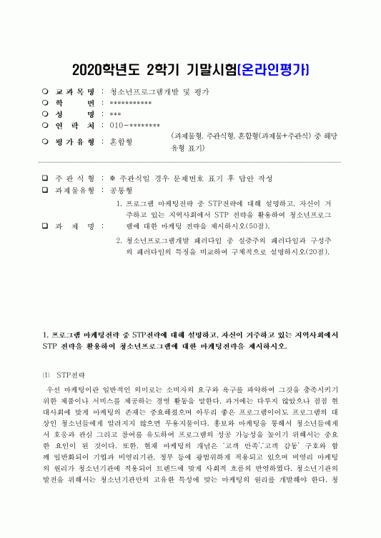 방통대[청소년교육과] 청소년프로그램개발 및 평가, 마케팅전략 중 STP전략 과 실증주의/구성주의 패러다임