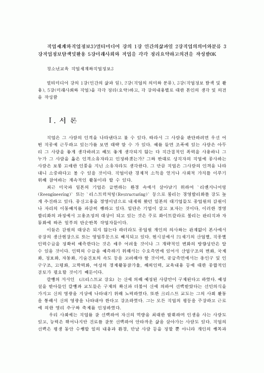 직업세계와직업정보3)멀티미디어 강의 1강 인간의삶과일 2강직업의의미와분류 3강직업정보탐색및활용 5강미래사회와 직업을 각각 정리요약하고의견을 작성함0K