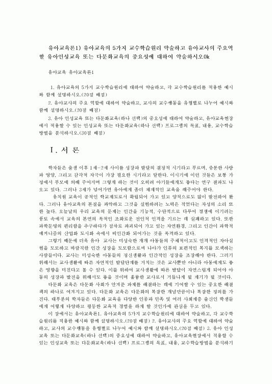 유아교육론1) 유아교육의 5가지 교수학습원리 약술하고 유아교사의 주요역할 유아인성교육 또는 다문화교육의 중요성에 대하여 약술하시오0k
