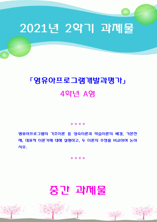 [2021 영유아프로그램개발과평가4A] 영유아프로그램의 기초이론 중 성숙이론과 학습이론의 배경, 기본전제, 대표적 이론가에 대해 설명하고, 두 이론의 주장을 비교하여 논하시오.