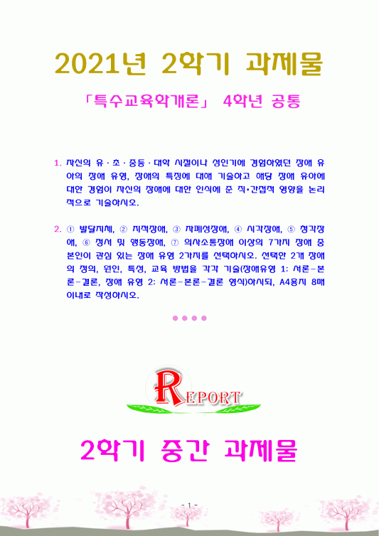 [2021 특수교육학개론] 1. 자신의 유·초·중등·대학 시절이나 성인기에 경험하였던 장애 유아의 장애 유형, 장애의 특징에 대해 기술하고 해당 장애 유아에 대한 경험이 자신의 장애에 대한 인식에 준 직∙간접적 영향을 논리적으로 기술하시오. 2. ① 발달지체, ② 지적장애, ③ 자폐성장애, ④ 시각장애, ⑤ 청각장애, ⑥ 정서 및 행동장애, ⑦ 의사소통장애 이상의 7가지 장애 중 본인이 관심 있는 장애 유형 2가지를 선택하시오.