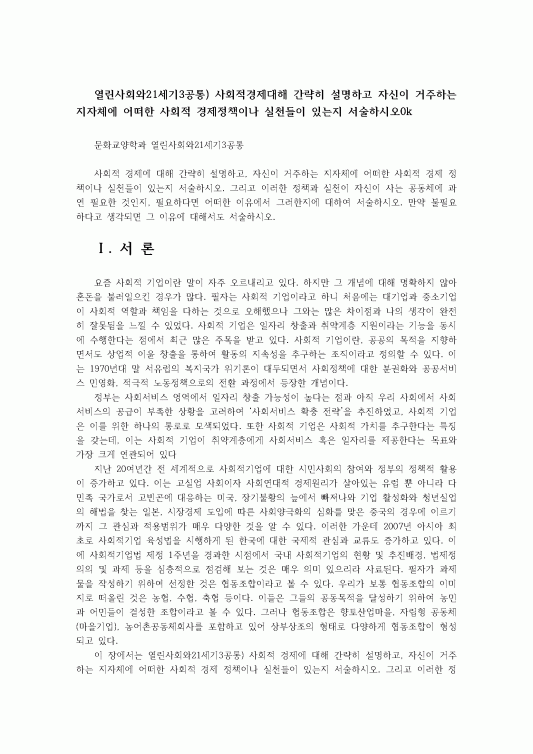 열린사회와21세기3공통) 사회적경제대해 간략히 설명하고 자신이 거주하는 지자체에 어떠한 사회적 경제정책이나 실천들이 있는지 서술하시오0k