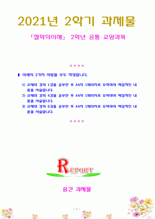 [2021 철학의이해2공통] 아래의 3가지 사항을 모두 작성합니다. 1) 교재와 강의 1강. 2) 교재와 강의 4강. 3) 교재와 강의 6강을 공부한 후 A4지 1페이지로 요약하여 핵심적인 내용을 서술합니다.