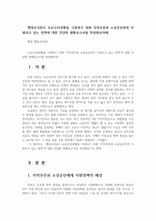 행정조사론3) 코로나19상황을 극복하기 위해 지역주민과 소상공인에게 지원되고 있는 정책에 대한 간단한 현황보고서를 작성해보자0K