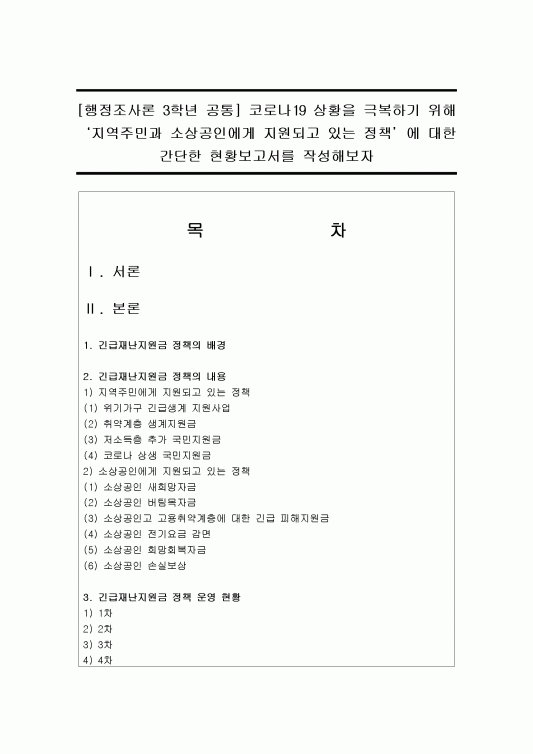 [행정조사론 3학년 공통] 코로나19 상황을 극복하기 위해 ‘지역주민과 소상공인에게 지원되고 있는 정책’