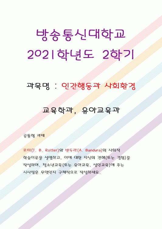 인간행동과사회환경 2021 로터(J. B. Rotter)와 반두라(A. Bandura)의 사회적 학습이론을 설명하고, 이에 대한 자신의 견해(또는 경험)를 작성하며, 청소년교육(또는 유아교육, 성인교육)에 주는 시사점은 무엇인지 구체적으로 작성하세요. -교육학과,유아교육과 인간행동과사회환경