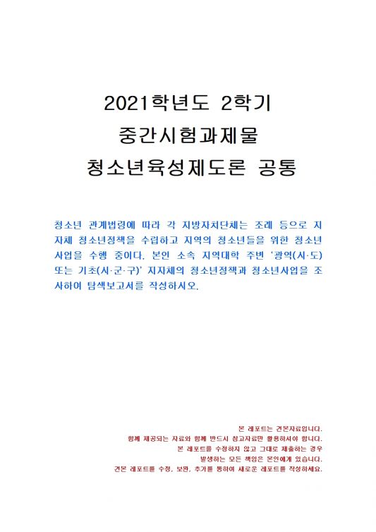 2021년 2학기 청소년육성제도론 중간시험과제물 공통(지방자치단체의 청소년정책)