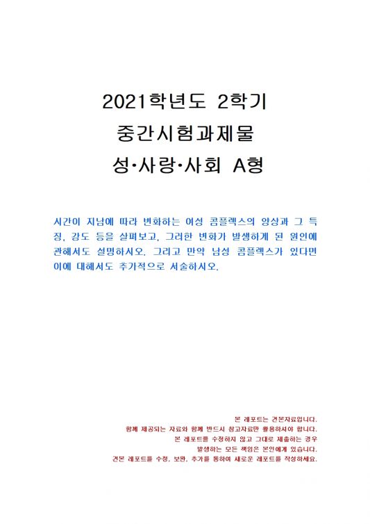 2021년 2학기 성사랑사회 중간시험과제물 A형(여성 콤플렉스의 양상과 그 특징, 강도)