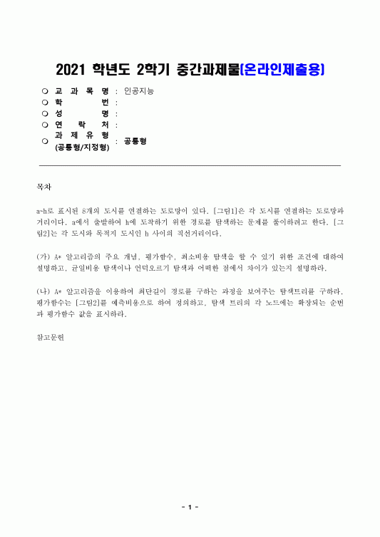 (방송통신대 인공지능 중간과제물)A* 알고리즘의 주요 개념, 평가함수, 최소비용 탐색을 할 수 있기 위한 조건에 대하여 설명하고 균일비용 탐색이나 언덕오르기 탐색과 어떠한 점에서 차이가 있는지 설명하라 등