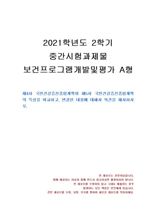 2021년 2학기 보건프로그램개발및평가 중간시험과제물 A형(제4차 국민건강증진종합계획)