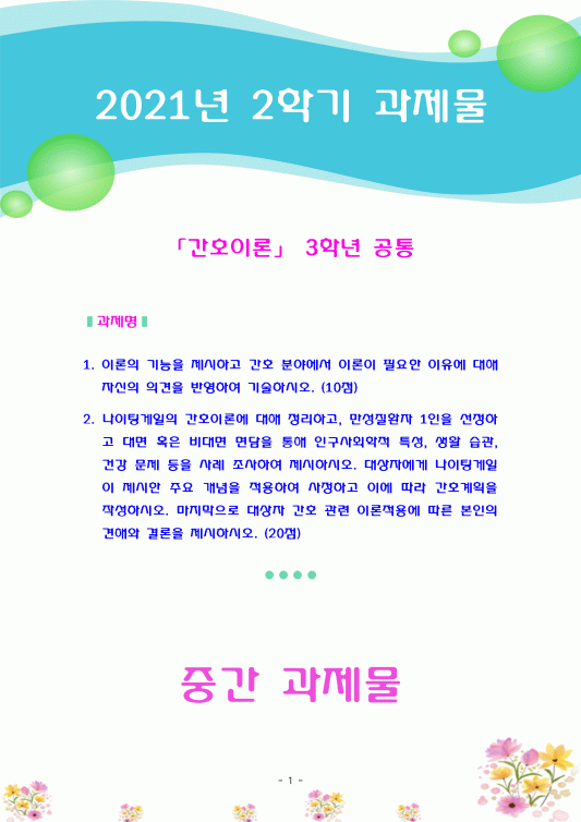 [2021 간호이론3공통] 1.이론의 기능을 제시하고 간호 분야에서 이론이 필요한 이유에 대해 자신의 의견을 반영하여 기술하시오. 2.나이팅게일의 간호이론에 대해 정리하고, 만성질환자 1인을 선정하고 대면 혹은 비대면 면담을 통해 인구사회학적 특성, 생활 습관, 건강 문제 등을 사례 조사하여 제시하시오. 대상자에게 나이팅게일이 제시한 주요 개념을 적용하여 사정하고 이에 따라 간호계획을 작성하시오. 마지막으로 대상자 간호 관련 이론적용에 따른 본인의 견해